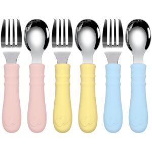 haksen toddler utensils, baby forks and spoons set, 3 forks and 3 spoons, perfect length for baby spoons self feeding, stainless steel cutlery with silicone handle