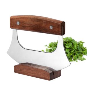 kaycrown mezzaluna ulu knife, pizza cutter rocker, alaskan ulu knife with wooden stand, mezzaluna knife salad veggies rocker chopper slicer cutter stainless steel blade, kitchen mincing knives