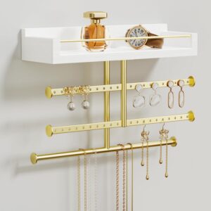 josmimic adhesive wall jewelry organizer: 9" holder for hanging necklace, earring, bracelet, gold and white