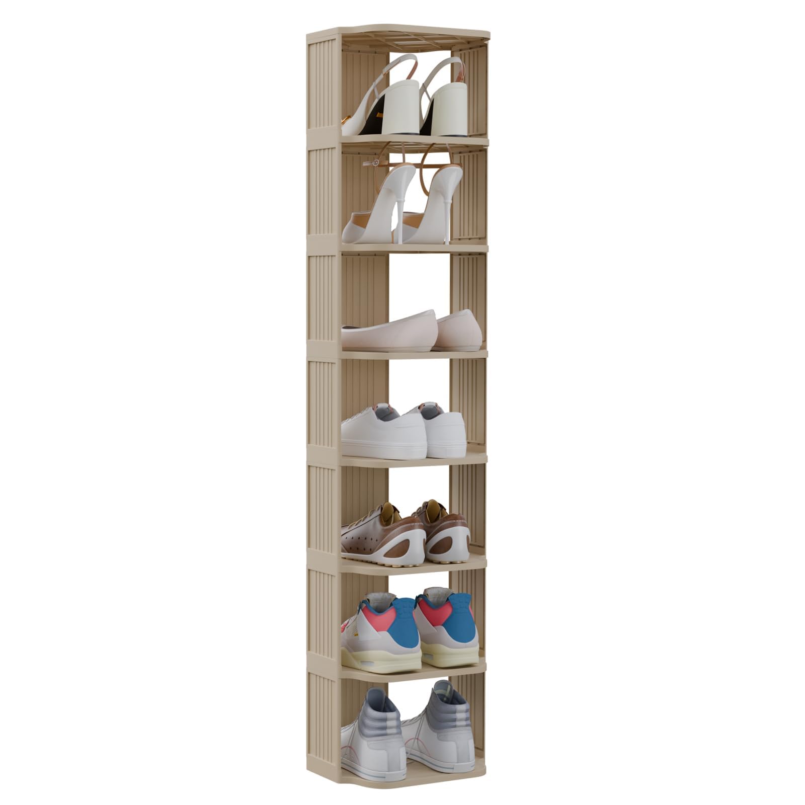 XIOUHM Shoe Rack Narrow Sneaker Storage Organizer 8 Tier Shoe Tower Sturdy Space Saving Free Standing Shelf for Entryway & Closet (Light Coffee)