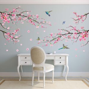 amimagen pink watercolor cherry blossom wall stickers - tree branch flower birds wall decals - bedroom living room sofa tv background home wall decor