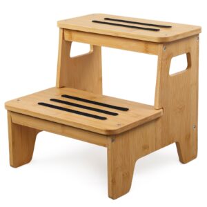 wooden 2-step stool, bamboo step stool with handles, diy non-slip surface, portable stepping stool for kitchen, toilet, bathroom sink, bedroom, natural