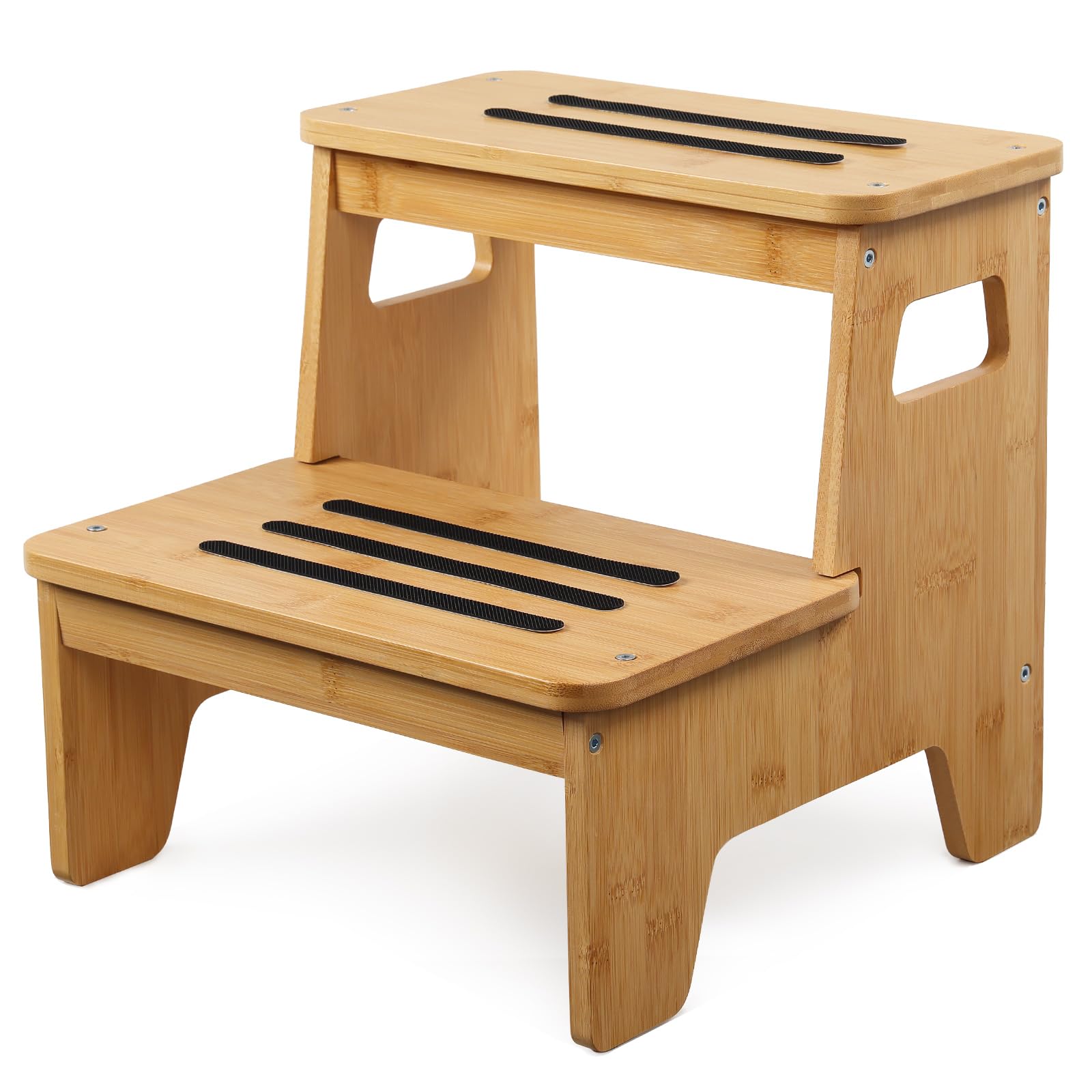 Wooden 2-Step Stool, Bamboo Step Stool with Handles, DIY Non-Slip Surface, Portable Stepping Stool for Kitchen, Toilet, Bathroom Sink, Bedroom, Natural