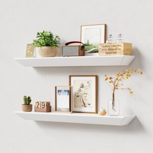 queenfun 36 inch white floating shelves, 6'' deep large white floating shelves for wall, easy hanging wall shelves for bedroom living room bathroom nursery, 2-pack crown molding decorative shelves