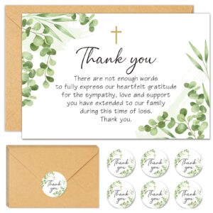 bybous 50pcs funeral sympathy thank you cards with envelopes and matching seal stickers, green leaf cross bereavement card with message for memorial service loved ones celebration of life