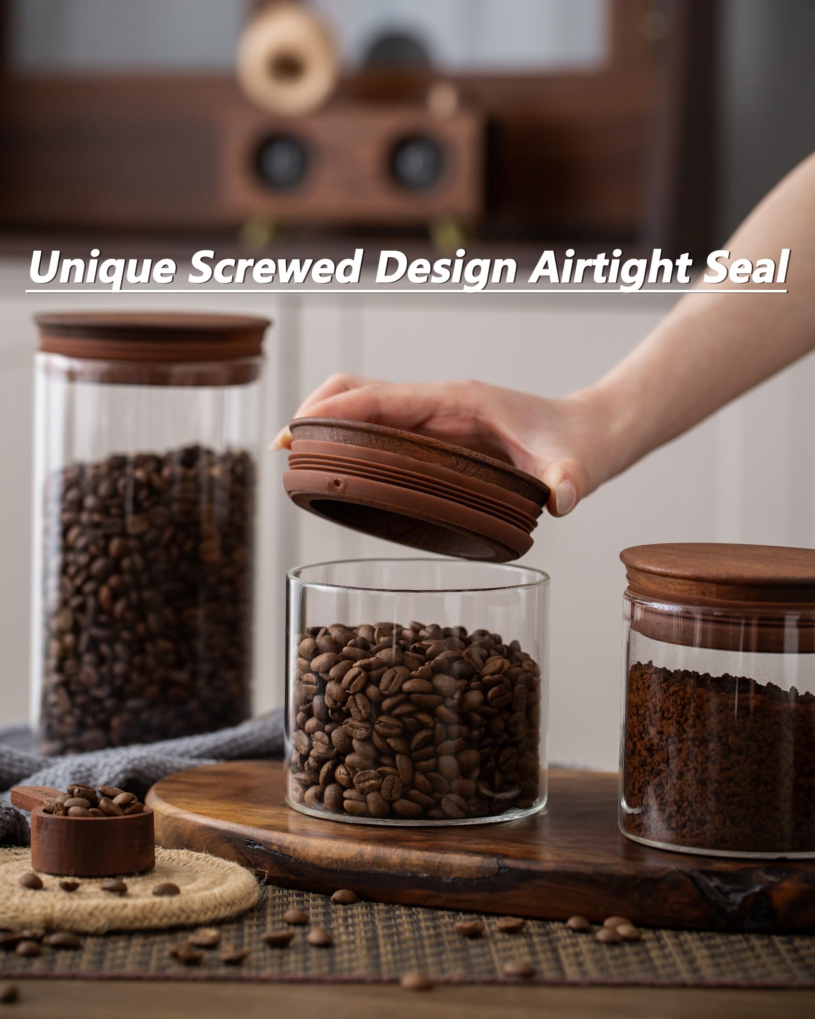 BOILMERIT 500ml Glass Coffee Canister with Wooden Lids and Scoop, Kitchen Coffee Container Set of 2 Hold Up to Total 12 oz of Coffee Bean, Airtight Food Storge Jars for Ground Coffee Bar Cereal Snack