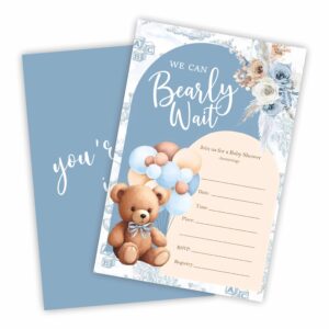 we can bearly wait baby shower invitation, 20 blue boho floral & bear balloon fill-in invites with envelopes, for boys and girls baby announcement, gender reveal party supplies & decorations - b03