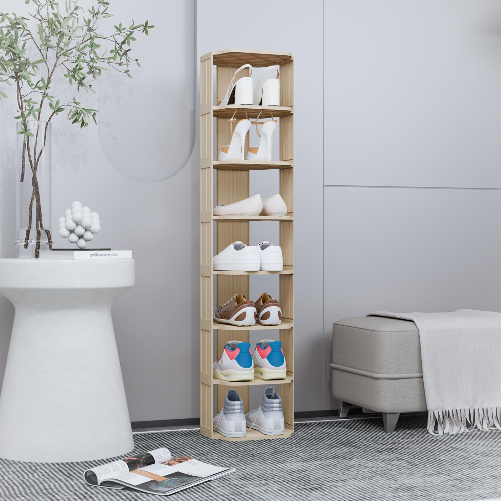 XIOUHM Shoe Rack Narrow Sneaker Storage Organizer 8 Tier Shoe Tower Sturdy Space Saving Free Standing Shelf for Entryway & Closet (Light Coffee)