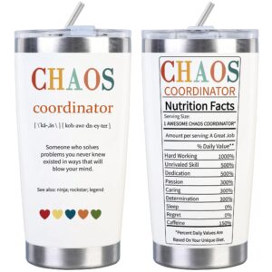 chaos coordinator gifts for women thank you gifts for women appreciation gifts 20 oz stainless steel tumbler with lid straw brush unique gift idea for women lady teacher coworker boss office gifts