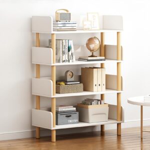 gifzes 4-tier wooden shelf bookcase, modern freestanding bookshelf, small open bookcase with side panels and solid wood frame, white bookcase storage rack display stand for home and office warm white