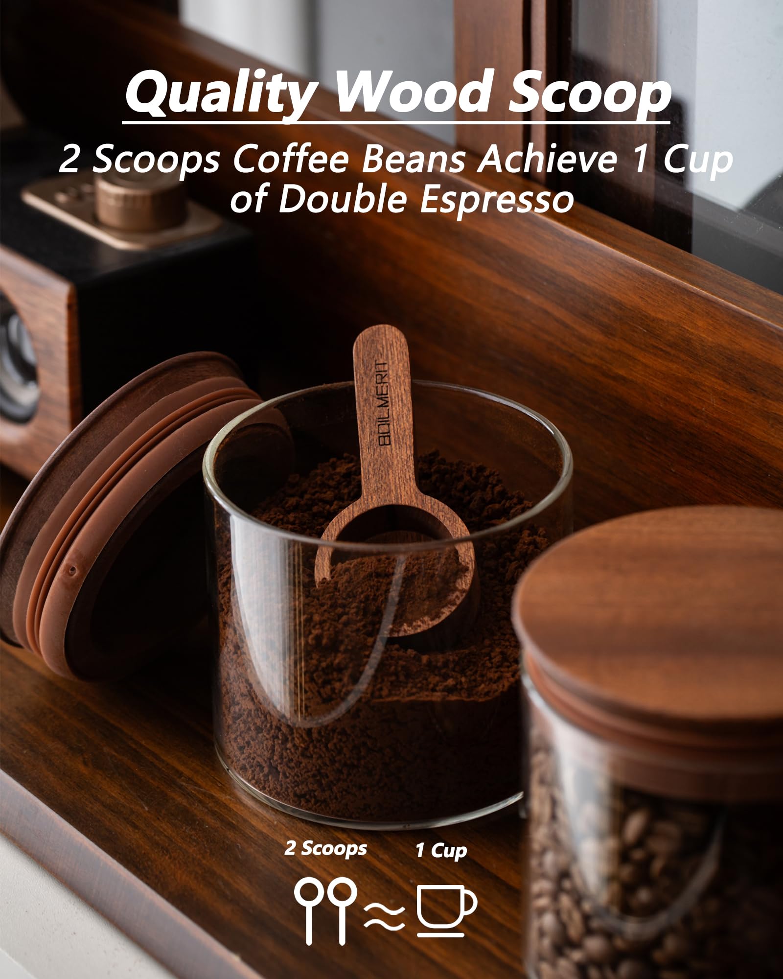 BOILMERIT 500ml Glass Coffee Canister with Wooden Lids and Scoop, Kitchen Coffee Container Set of 2 Hold Up to Total 12 oz of Coffee Bean, Airtight Food Storge Jars for Ground Coffee Bar Cereal Snack