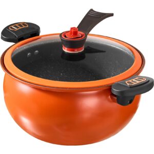 fnt 8 qt orange stock pot with see-through lid standing, crock pot with twist & lock handles, micro pressure cooker 8 qt, healthy coating cooking pot for gas, induction, electric stoves