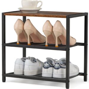 aroktake small shoe rack for entryway, 3-tier metal shoe shelf, free standing shoe organizer for high heels, hallway, closet, bedroom, living room(rustic brown)