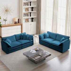 mikibama luxury 2 piece sofa set, 2 pieces of loveseat sofa, modern chenille comfy cloud couches set for living room office with 4 armrest pillows and 4 toss pillows, blue