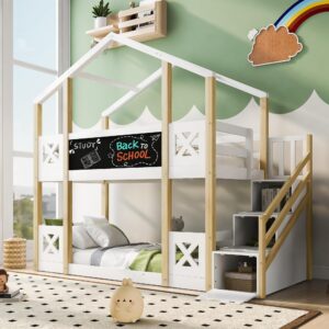 harper & bright designs twin over twin floor bunk bed with stairs, wood house bunk bed frame with storage staircase and blackboards, for kids girls boys, white and natural