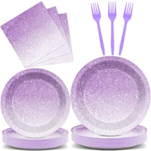 96 pcs ombre purple party supplies set for 24 guests gradient pastel purple tableware plates dinnerware table decorations for girl woman light purple sprinkle wedding birthday anniversary party favors