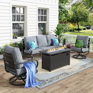 mfstudio 4 pieces patio conversation sets,outdoor metal furniture sofas with 1 x 45 rectangular propane fire table,1 x 3-seat sofa, 2 x swivel chairs,grey cushion