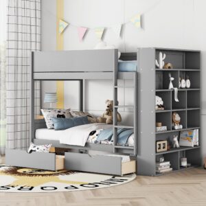 harper & bright designs twin over twin bunk beds with storage drawers & bookshelves, wood bunk bed frame with guardrails & ladder for kids, teens, adults (gray)