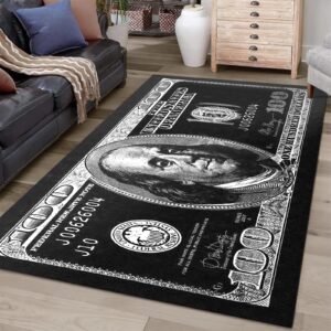 nitumir 4×6 rug for room decoration black and white money area rugs modern 100 dollar bill rugs for living room non-slip runner rug for bedroom office dining room, washable cash art carpet 47”x71”