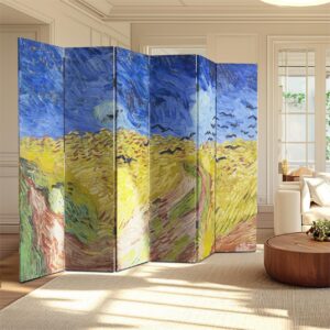 landchy 6 panel room divider oversized 7.8ft w foldable room divider privacy screen van gogh's painting-wheat field with crows,foldable portable room separating divider room partition freestanding