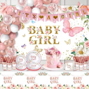 baby shower decorations for girl, 247pcs floral girl baby shower decorations party supplies with background, disposable tableware (24 guests), "it's a girl" banner, butterfly balloon kit &tablecloth