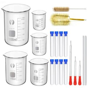 glass beakers set, zeeroqolab 5pcs measuring pyrex beaker 1000ml 500ml 250ml 100ml 50ml with 2pcs cleaning brush, 3pcs droppers and 2pcs glass stirring rods