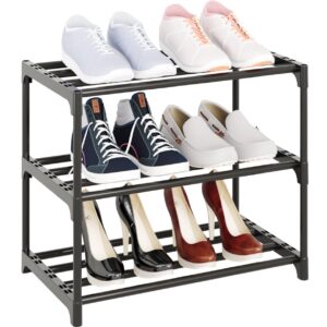 muahrce 3-tier small shoe rack for closet, entryway, stackble sturdy metal shoe shelf,narrow shoe stand organizer (black,17.3" w×11.4" d×15" h)