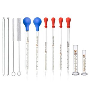 glass pipettes, zeeroqolab 6pcs glass graduated lab pipettes 0.5ml,1ml,2ml,3ml,5ml,10ml, with 2pcs glass graduated cylinder 5ml, 10ml, 2pcs droppers brush and 2pcs glass stir sticks