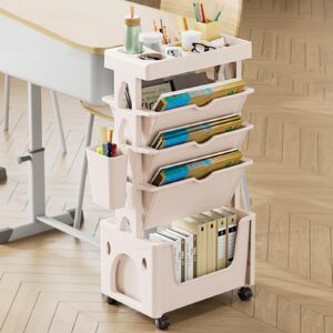 ryida mobile bookshelf, 5 tier movable bookshelf with wheels, versatile bookshelf organizer for boys, girls, kids, children, students, and workers who need to organize and store books(khaki)