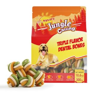 jungle calling rawhide free dog dental treats, triple flavor dental chews for dogs, easy to digest, teeth clean dog bones for small dogs, 10.6 oz