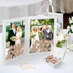 elegant wedding guest book alternative - wedding guest book frame of pinewood - foldable guest book wedding reception alternative w/2-photos space, stand, hanger, 100 wooden hearts & box for any event