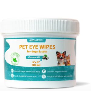 meduwedu eyes wipes for dogs & cats 120 counts, grooming kit care for dogs and cats, gently remove tear stain, eye debris, discharge, mucus secretions, coconut scent