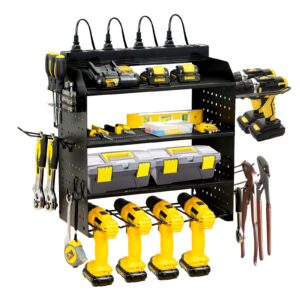 power tool organizer wall mount with charging station, heavy duty 6 layer drill holder, storage rack with 4 shelves,metal tool holder with power strip and 6.5ft cord for garage, workbench and workshop