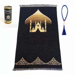 uusowarm muslim prayer rug & beads set with stylish cylinder gift box janamaz sajadah ultra-soft taffeta prayer mat perfect islamic spiritual gift for ramadan islamic mosque dome pattern black