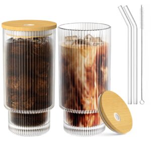 wxcwyqr glass cups with lid and straw 2 set, 16oz drinking glasses for whiskey cocktail beer, ribbed glassware set for gift (2 set)