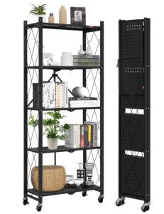 deanic 5-shelf folding shelves bookcase with wheels, heavy duty storage shelves, freestanding metal wire shelving unit for living room, office, kitchen, basement, pantry (black)