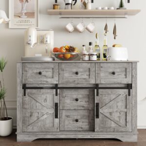 vabches farmhouse sideboard buffet cabinet with storage, large kitchen sideboard cabinet, sliding barn doors and 5 drawers, adjustable shelves, coffee bar table for dining room, light rustic oak