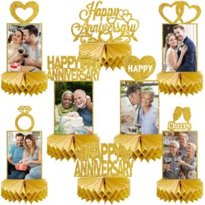 eucutur 8pcs gold happy wedding anniversary decorations honeycomb centerpiece, gold glitter anniversary photo table centerpiece party supplies, 25th 30th 40th 50th 60th gold anniversary table topper