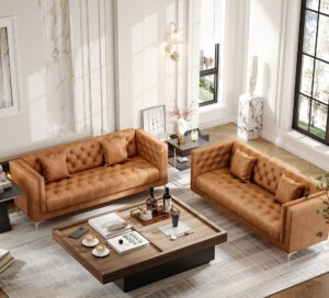 hifit 2 piece sofa set for living room, modern sofas couches with 2 pillows, button tufted couch with extra deep seats, 3 seat sofa for apartment lounge, brown