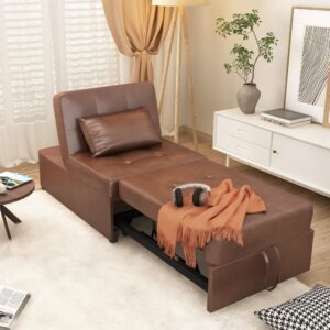 levnary convertible chair bed sleeper, pu leather 4 in 1 single sofa folding chair ottoman, pull out small couch ottoman bed for home living room (leather brown)