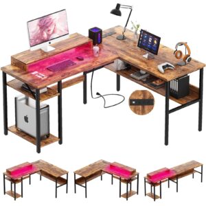 unikito l shaped computer desk with magic power outlets and smart led light, sturdy reversible corner desk with monitor stand & storage shelves, home office work desk, easy to assemble, rustic