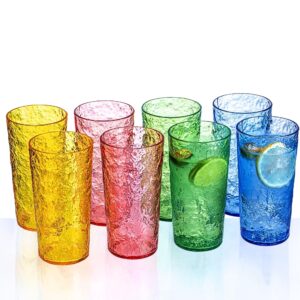 miyopesi 18oz colorful acrylic glasses drinkware (set of 8), ice-carving stackable shatter-proof plastic cups, reusable plastic drinking tumblers, bpa-free, dishwasher-safe