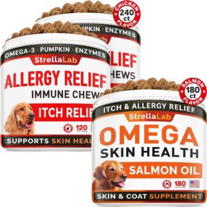 allergy relief + omega 3 dogs bundle - itchy skin treatment + allergy & itch relief - omega 3 & pumpkin - dogs itching & licking treats + skin & coat supplement - 420 chews - made in usa