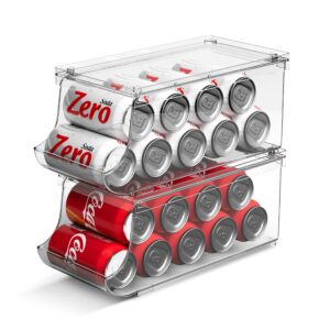 cabinize set of 2 stackable drink can organizer for fridge, freezer, kitchen, countertops, cabinets - soft drink holder for refrigerator with lid, soda can dispenser, bpa free, holds 9 cans each