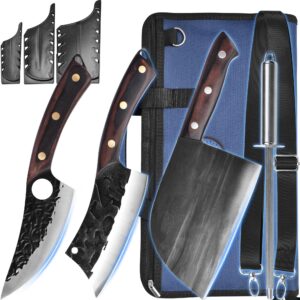 xyj portable chef knife set professional,cleaver butcher knife,forged carving boning knives with bag,sharpener rod,camping serbian kitchen knives,full tang