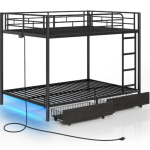 rolanstar metal bunk bed full over full with usb charging station, led bunk bed with 2 storage drawers, bed with safety guardrail & ladders, no box spring needed, easy assembly, black