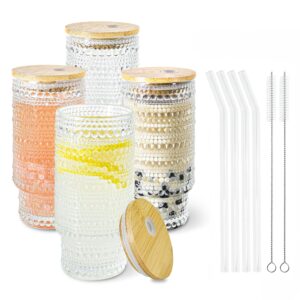 icesip 4 pcs 11 oz drinking glasses cups set with bamboo lids straws brush hobnail drinking glassware set for juice iced coffee beer cocktail whiskey