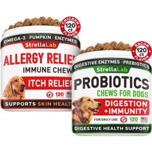 allergy relief + probiotics dogs bundle - itchy skin treatment + digestive enzymes - omega 3 & pumpkin + prebiotics - dogs itching & licking treats + improve digestion - 240 chews - made in usa