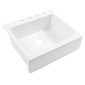 sinkology parker crisp white fireclay 26" single bowl quick-fit drop-in farmhouse apron kitchen sink with 4 holes and drain