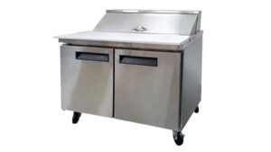 elite kitchen supply commercial sandwich prep table refrigerator, etl nsf salad pizza fridge cooler, 48" w 11.47 cu.ft. fan cooling, salad bar with cut board for buffet restaurant, bar, shop